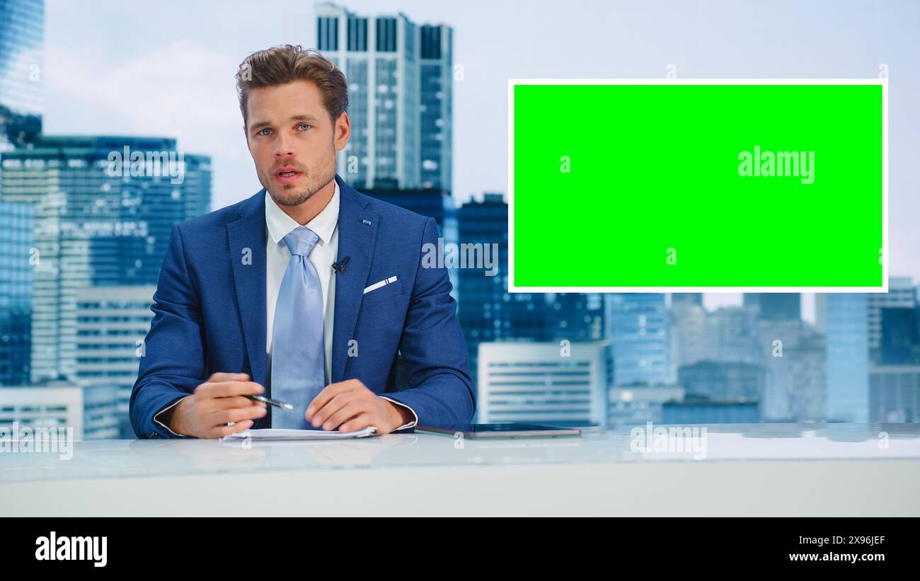 Newsroom TV Studio Live News Program: Caucasian Male Presenter ...