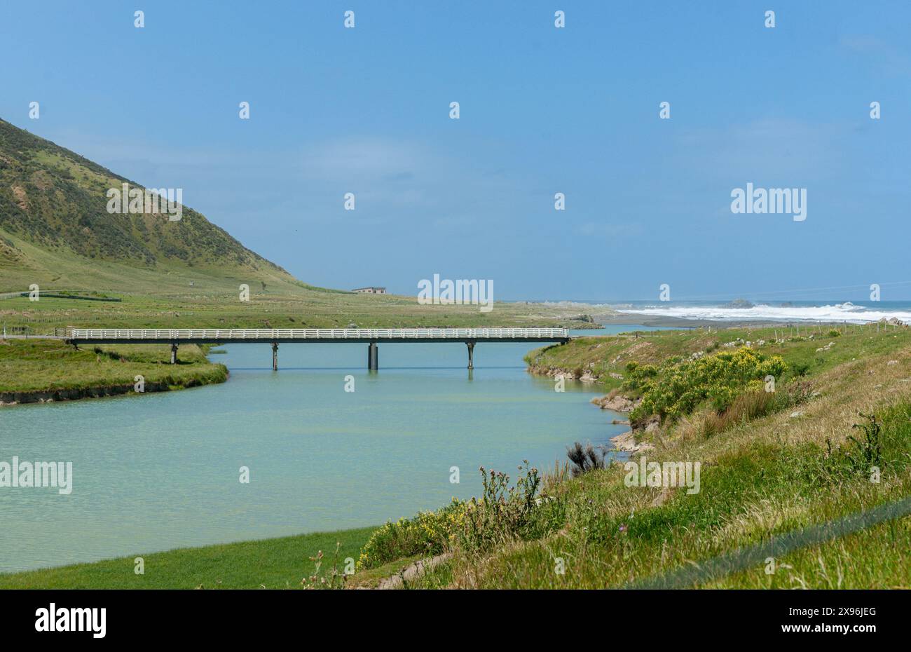 Bridge over Tora River in bottom of valley in Wairarapa New Zealand ...