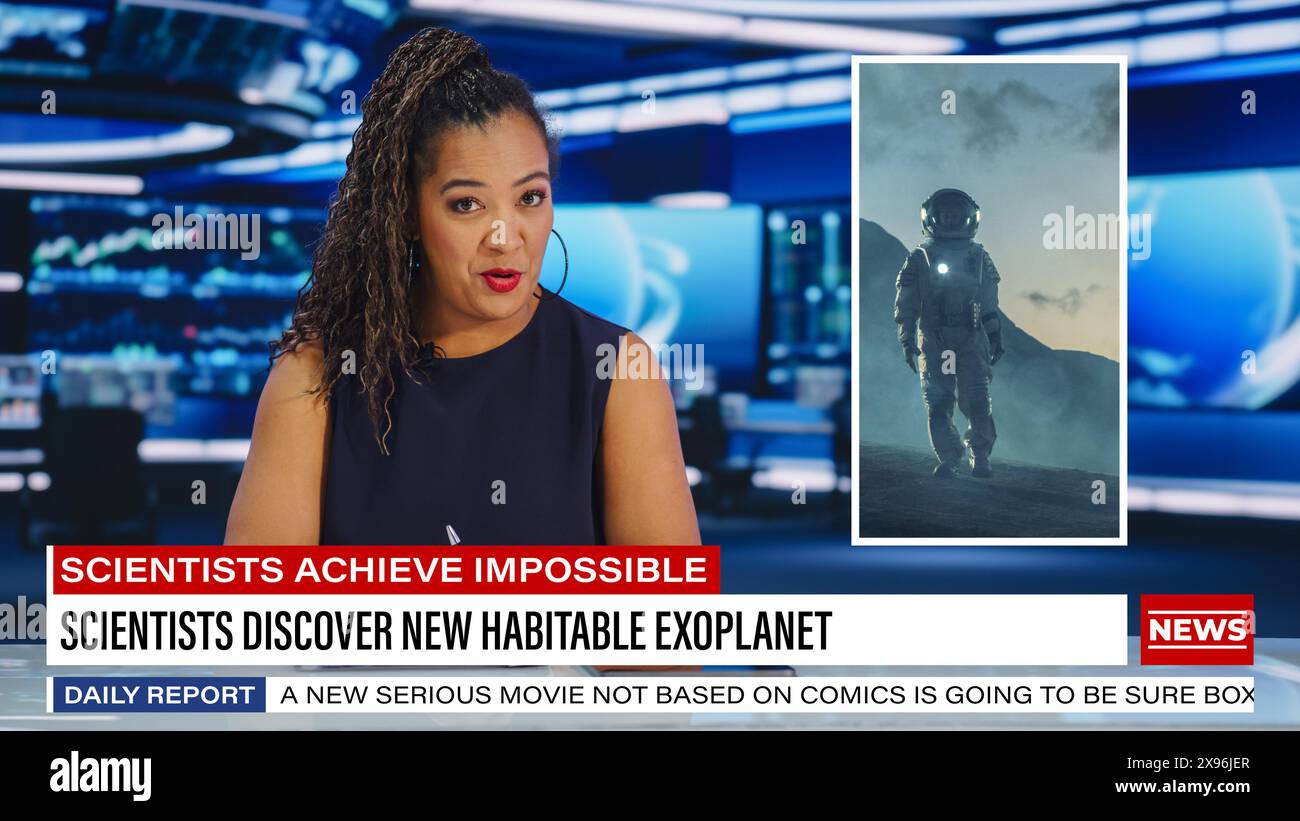 Split Screen TV News Live Report: Anchorwoman Talks. Reportage Montage ...