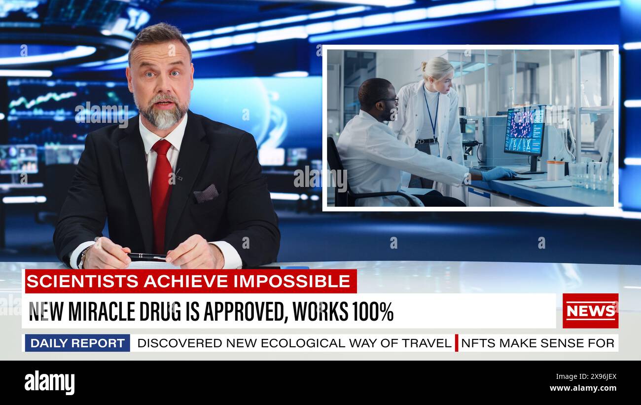 Split Screen TV News Live Report: Male Anchor Talks: Reporting About ...