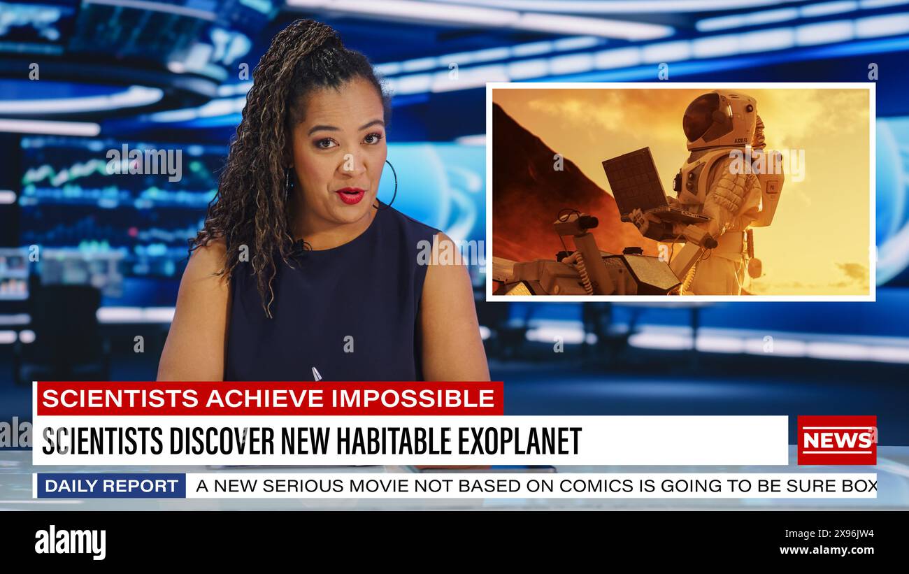 Split Screen TV News Live Report: Anchorwoman Talks. Reportage Montage ...