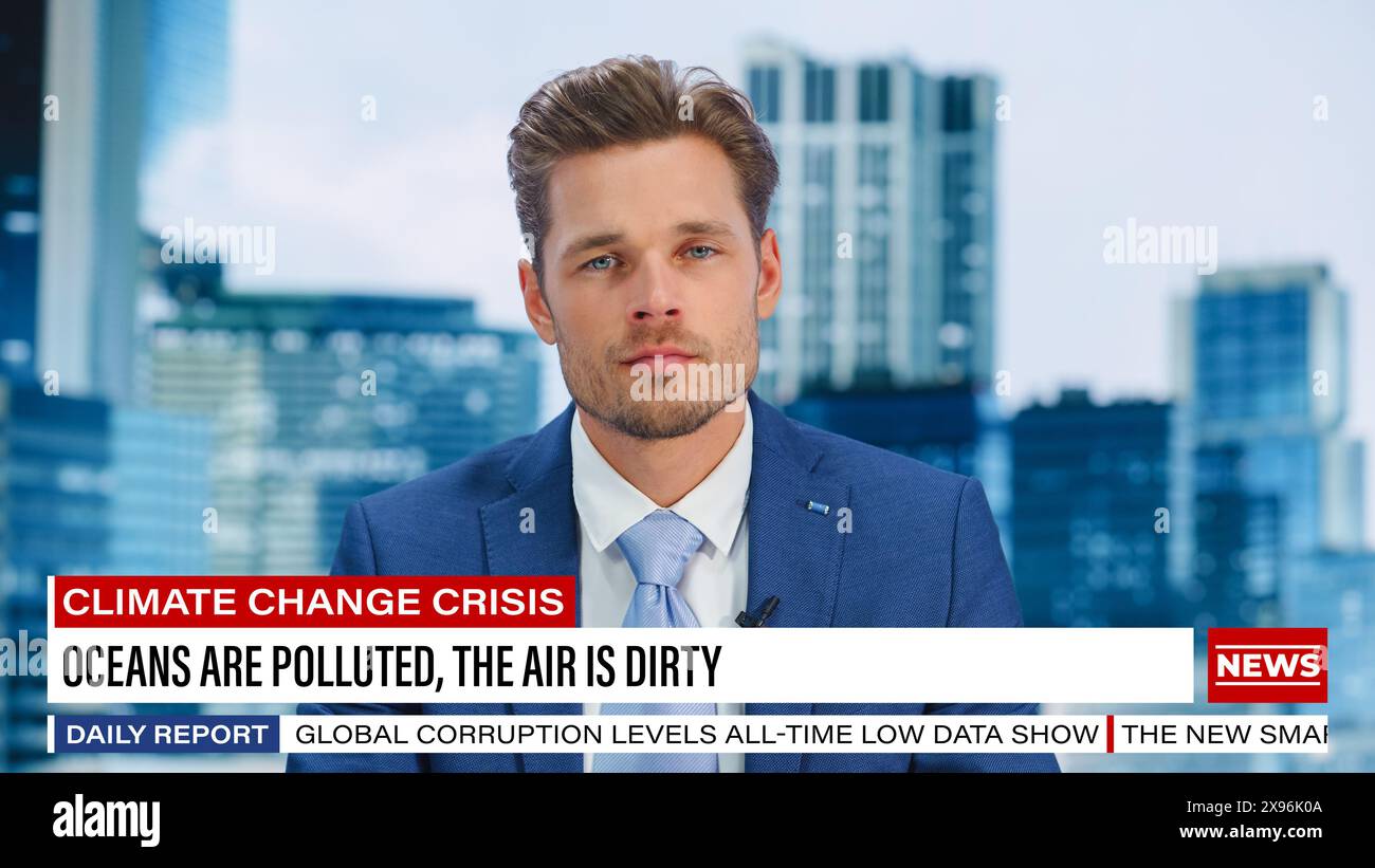 TV Live News Program: Presenter Reporting Stock Market Economy Analysis ...