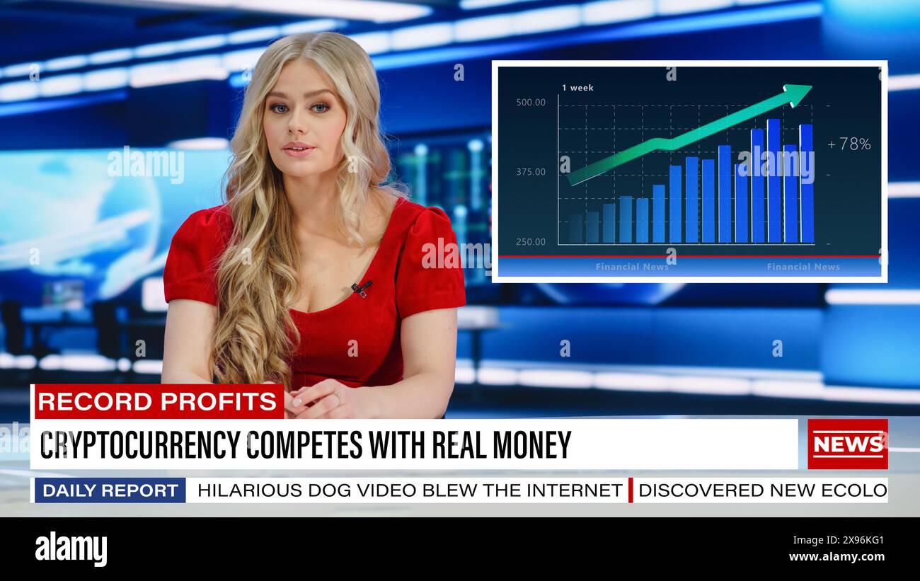 Split Screen TV News Live Report: Anchorwomen Talks. Reportage Montage ...