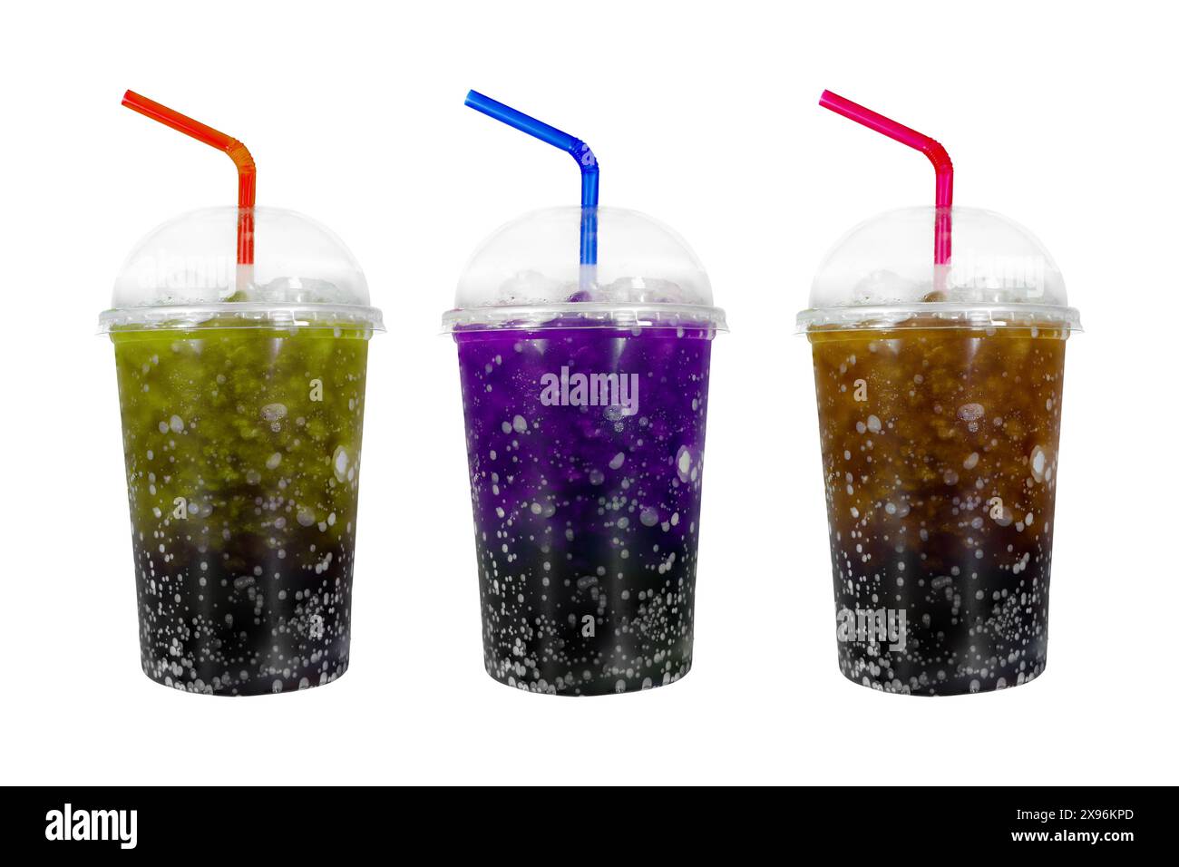 Lemon, Purple and Cola soda with ice in plastic grass isolated on white ...