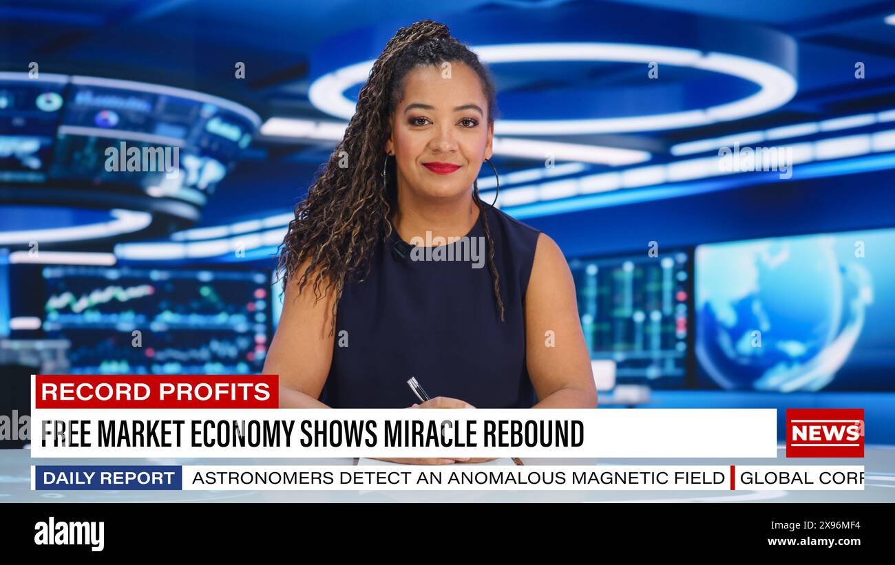 TV Live News Program: Female Presenter Reporting. Television Cable Channel Black Anchorwoman ...
