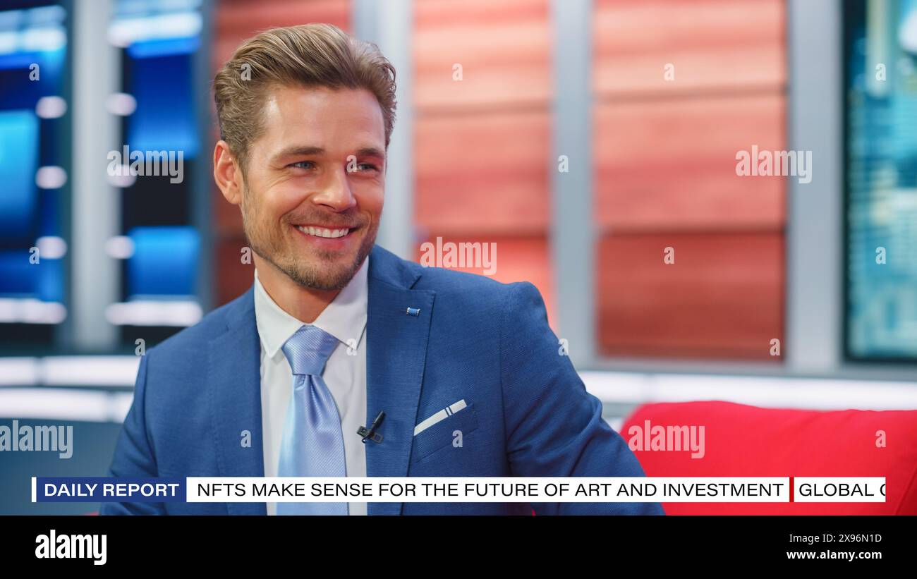 Talk Show TV Program, News Discussion: Cheerful White Male Presenter ...