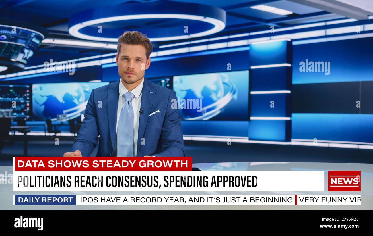 TV Live News Program: Charismatic White Male Presenter Reporting ...