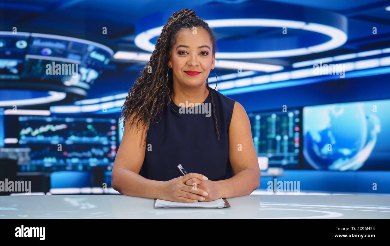 TV Live News Program: Female Presenter Reporting. Television Cable ...