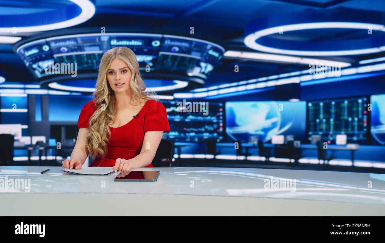 TV Live News Program: Professional Female Presenter Reporting on ...