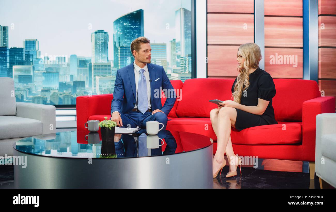 Talk Show TV Program: Two Charismatic Presenters Talk. Cable Channel ...