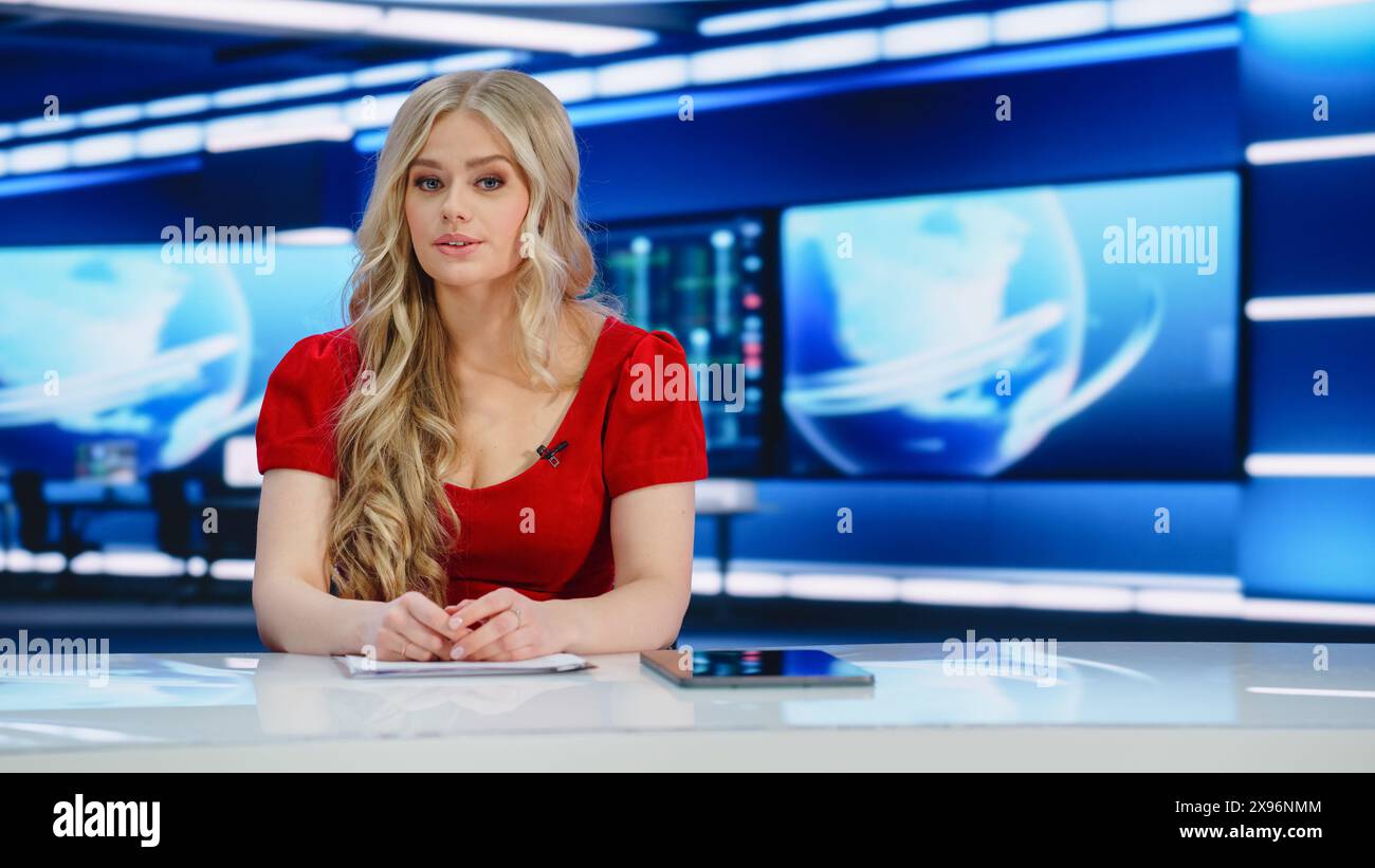 TV Live News Program: Professional Female Presenter Reporting on ...
