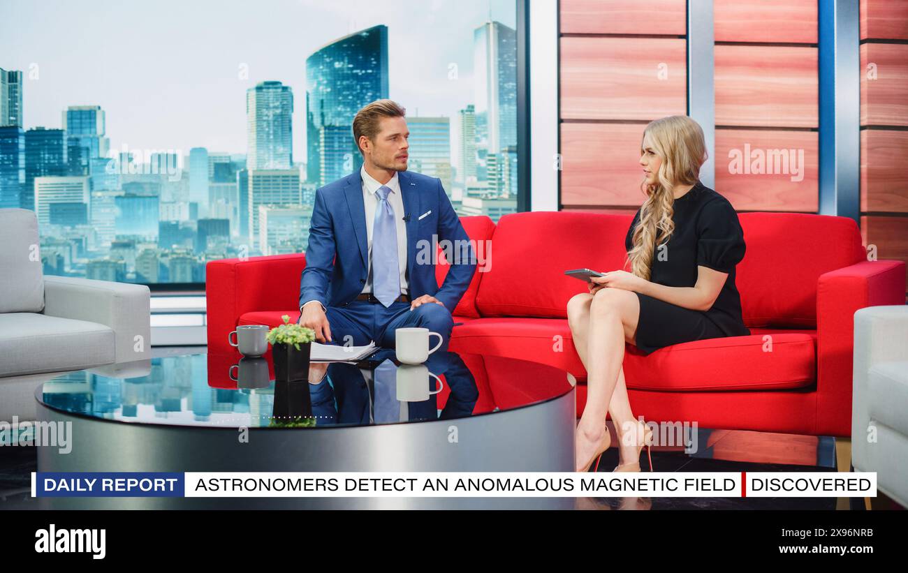 Talk Show TV Program: Two Charismatic Presenters Talk. Cable Channel ...