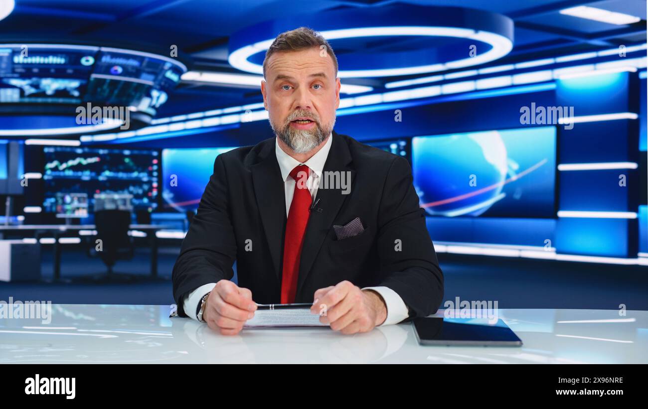 TV Live News Program: Charismatic White Male Presenter Reporting ...