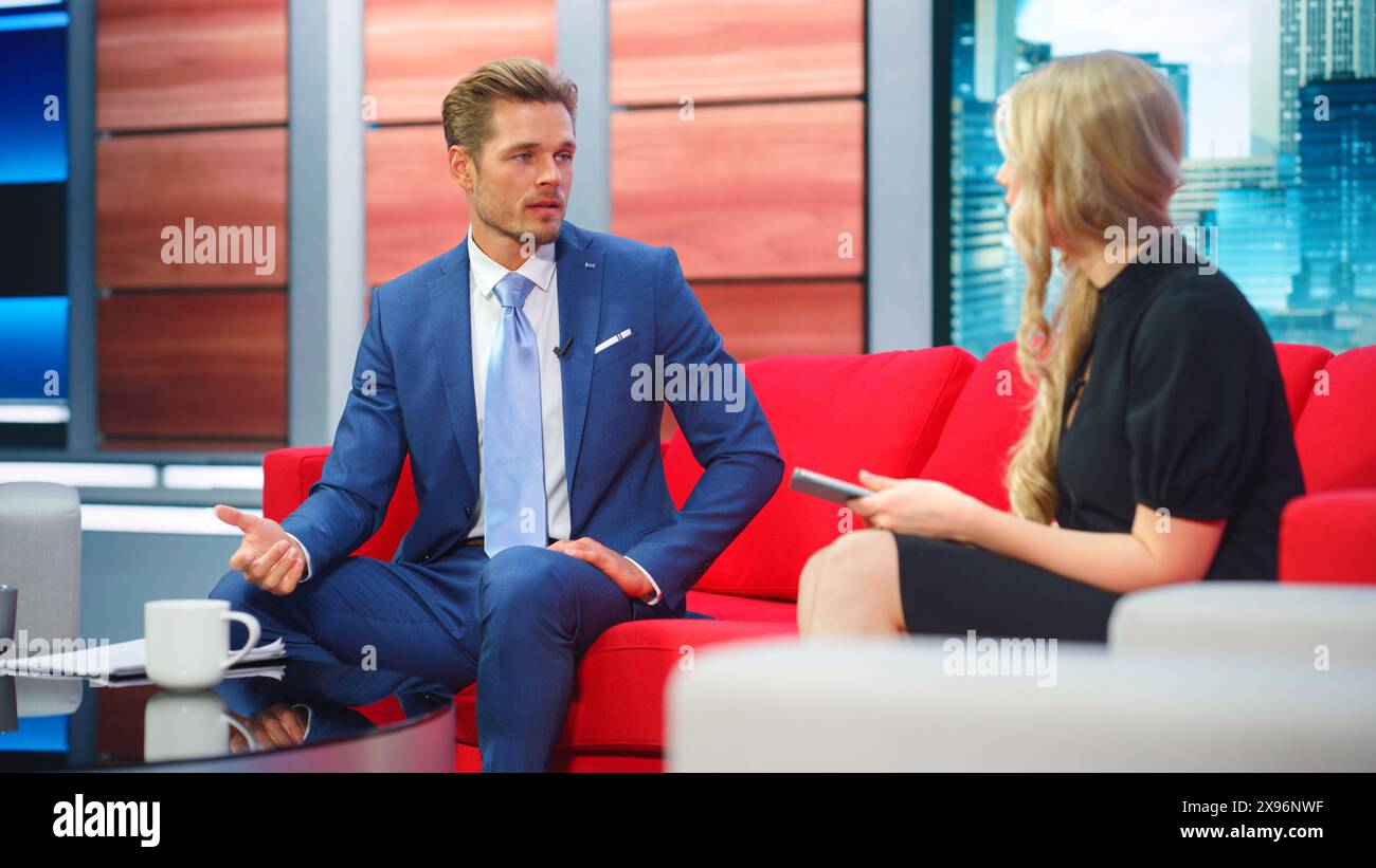 Talk Show TV Program, News Discussion: Cheerful White Male Presenter ...