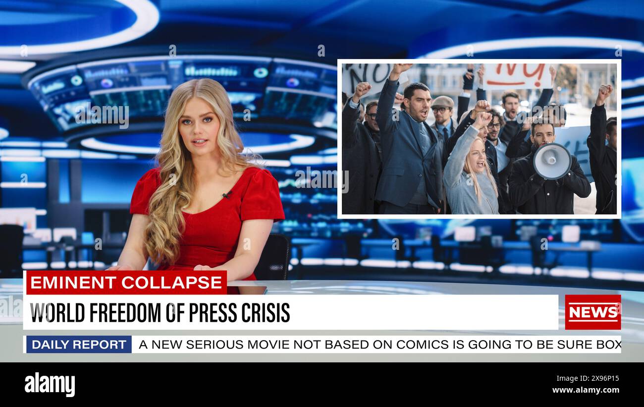 Split Screen TV News Live Report: Anchorwomen Talks. Reportage Montage ...