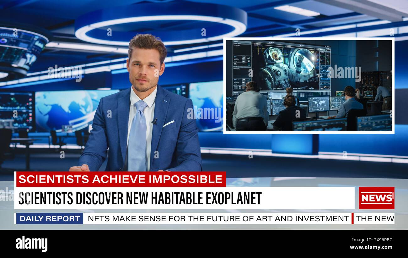 Split Screen TV News Live Report: Anchorman Talks. Reportage Montage ...