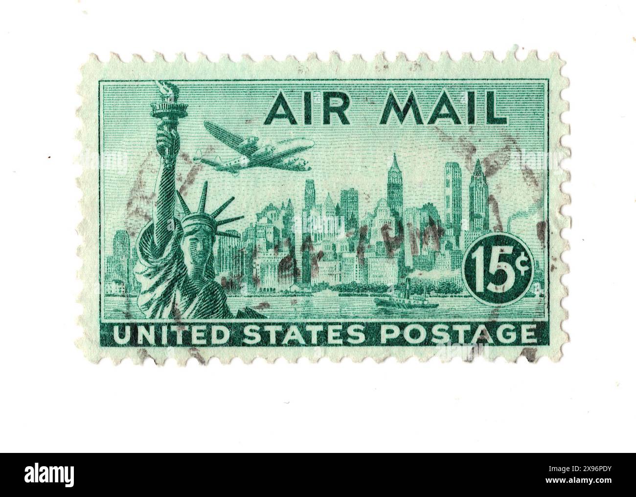 A vintage Air Mail postage stamp from the USA isolated on a white ...