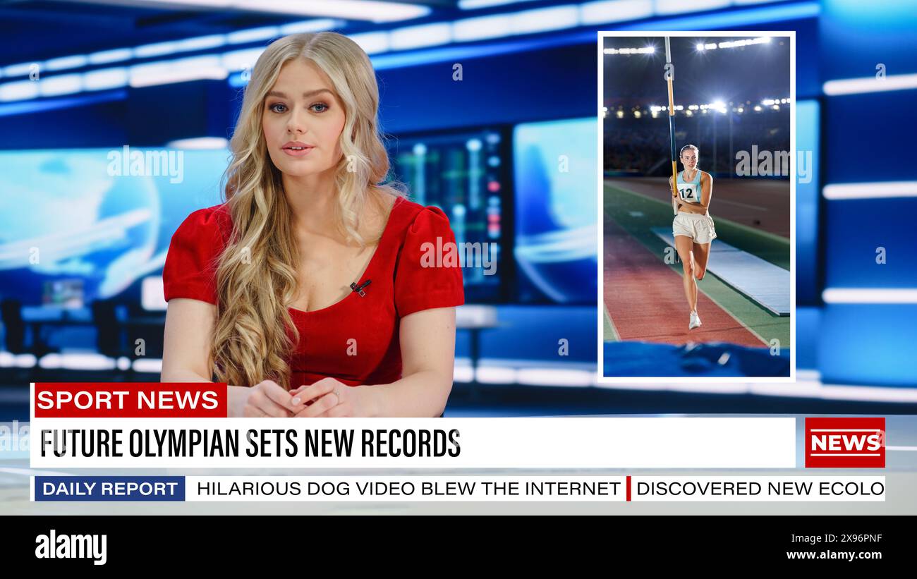 Split Screen TV News Live Report: Anchorwoman Talks. Reportage Montage ...