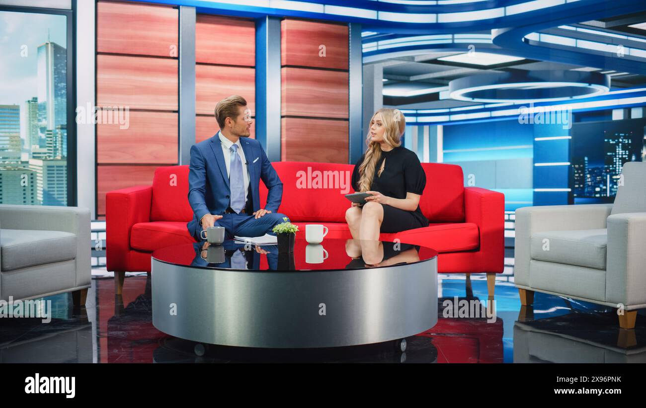 Talk Show TV Program and News Discussion: Two Cheerful Presenters Talk ...