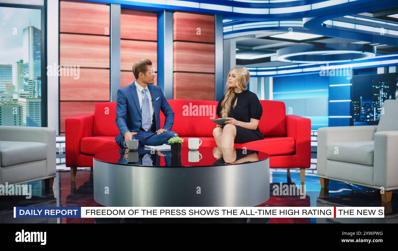 Talk Show TV Program and News Discussion: Two Cheerful Presenters Talk ...