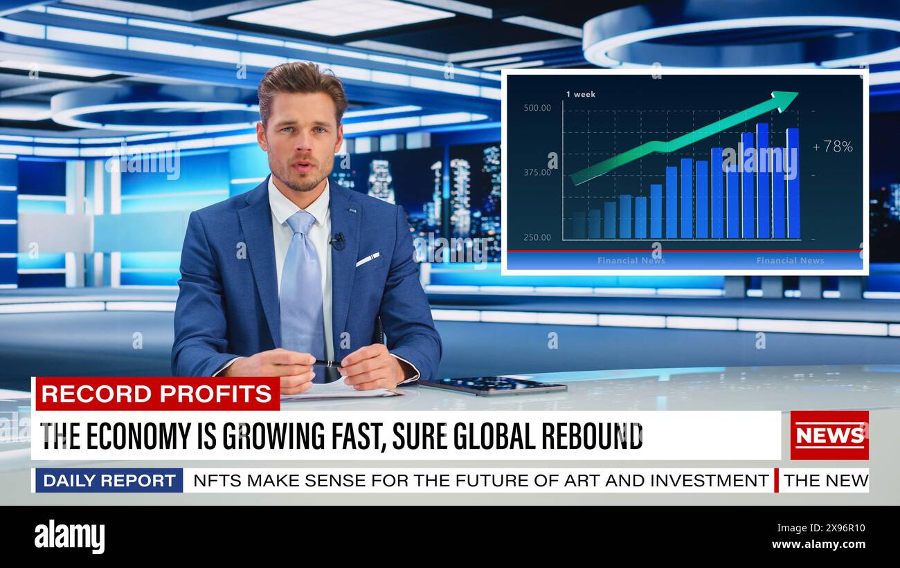 Split Screen TV News Live Report: Anchorman Talks. Reportage Montage ...