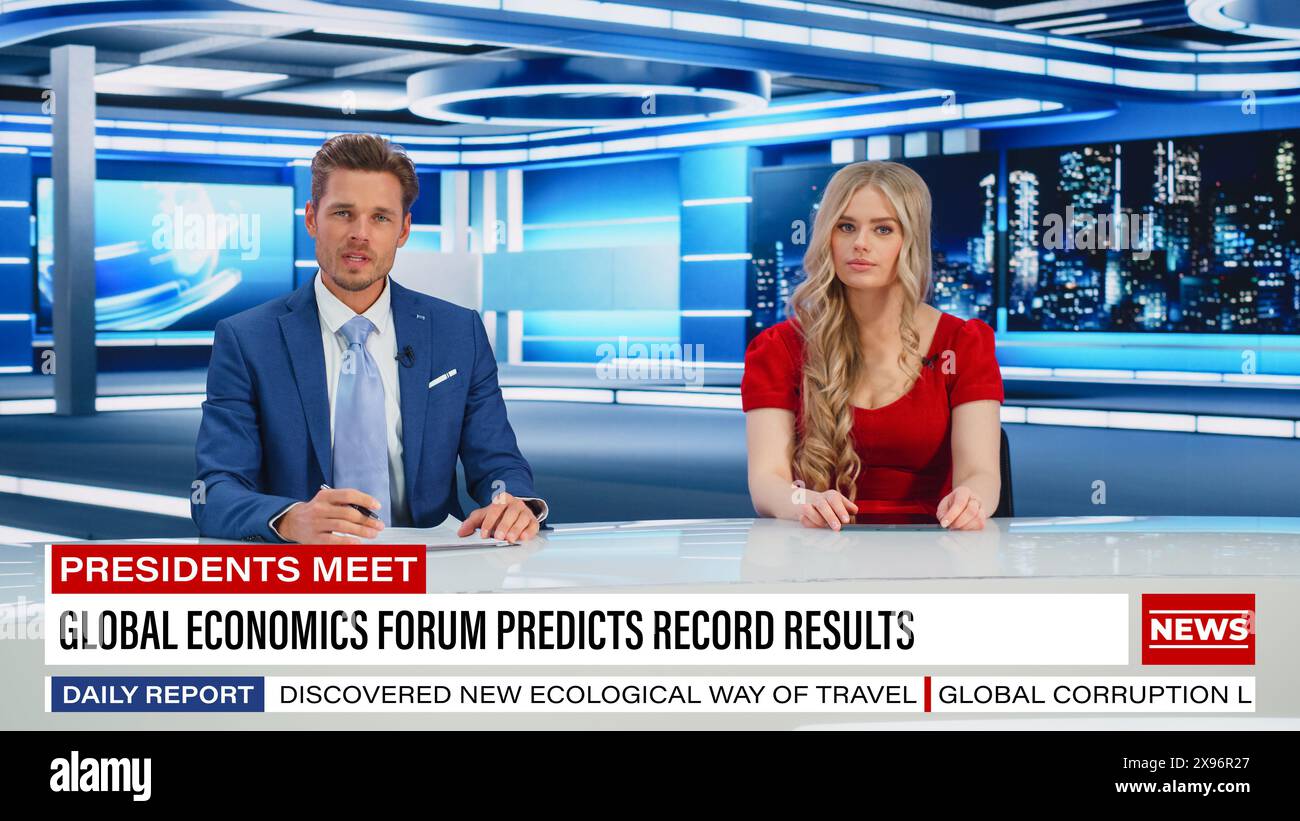 Beginning of TV Live News Program: Two Presenters Reporting, Talking ...