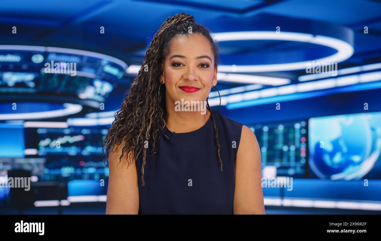 TV Live News Program: Female Presenter Reporting. Television Cable ...