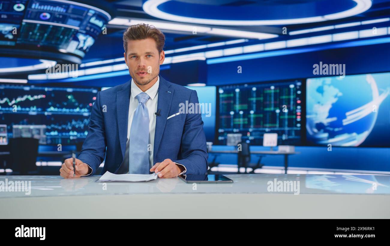 Beginning Evening News TV Program: Anchor Presenter Reporting on ...
