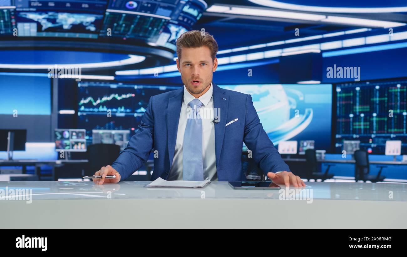 Beginning Evening News TV Program: Anchor Presenter Reporting on ...