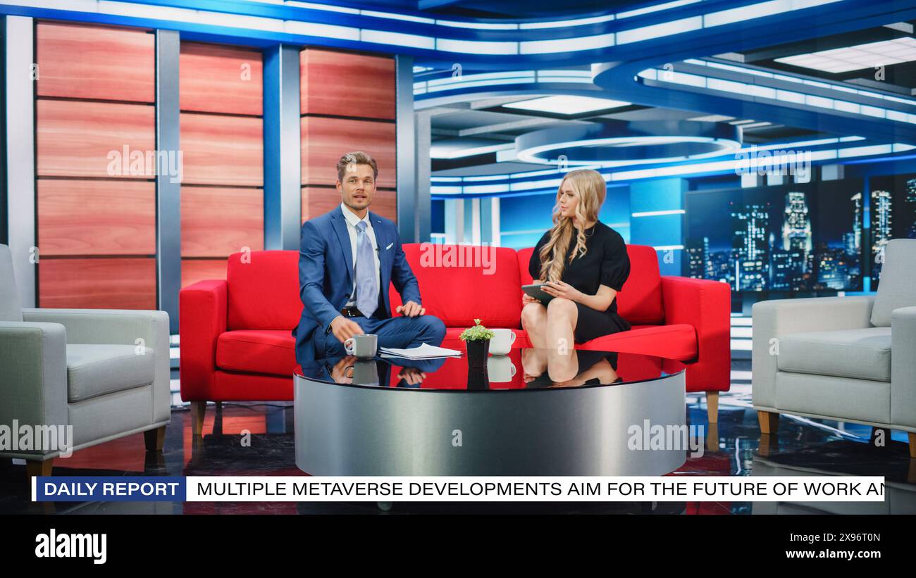 Talk Show TV Program and News Discussion: Two Cheerful Presenters Talk ...