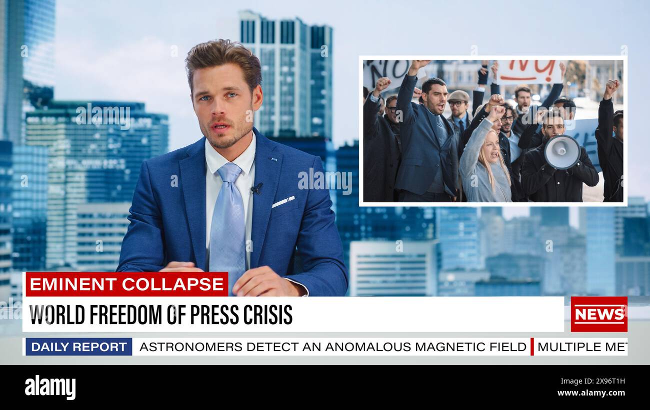 Split Screen TV News Live Report: Anchorman Talks. Reportage Montage ...