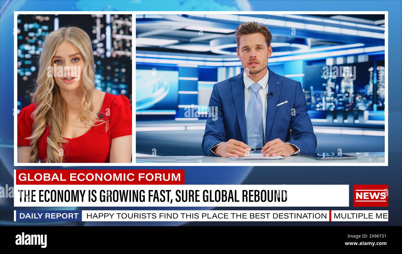 Split Screen: Two Anchors Talking TV Live News Segment. Presenters Discuss Business, Economy ...