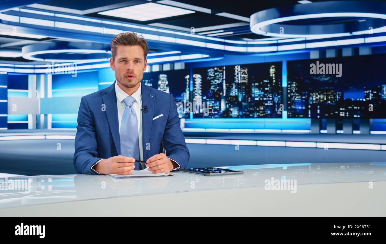 TV Live News Program: White Male Presenter Reporting On the Events ...