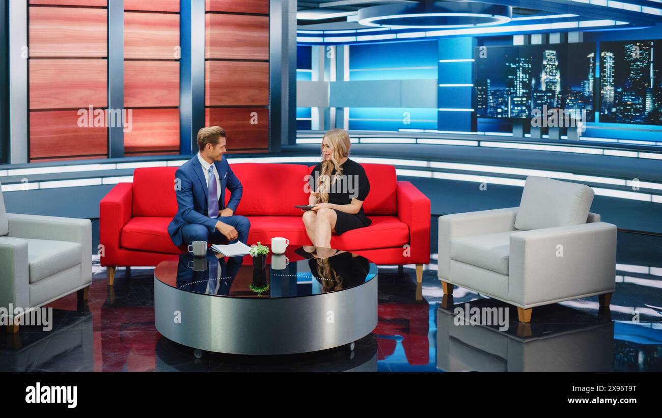 Talk Show TV Program and News Discussion: Two Cheerful Presenters Talk ...