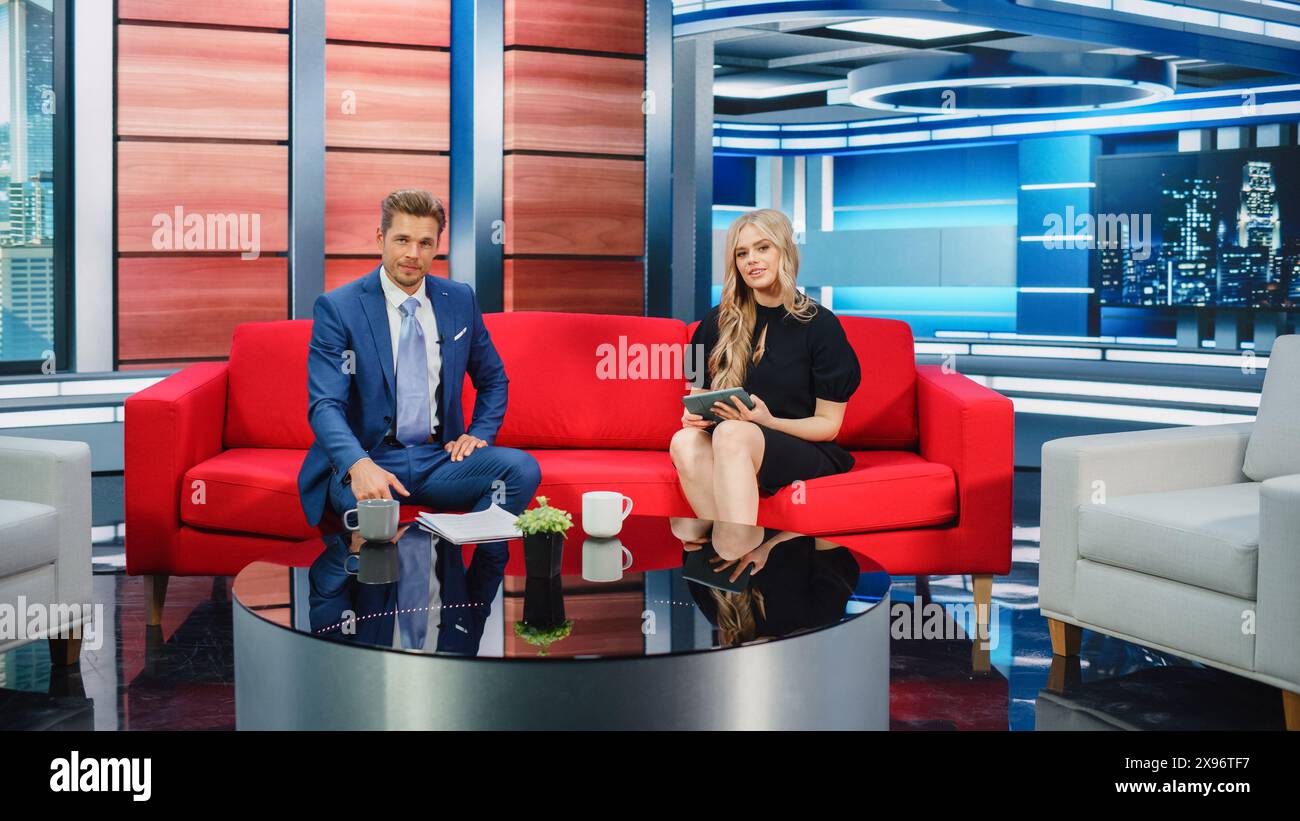 Talk Show TV Program and News Discussion: Two Cheerful Presenters Talk ...