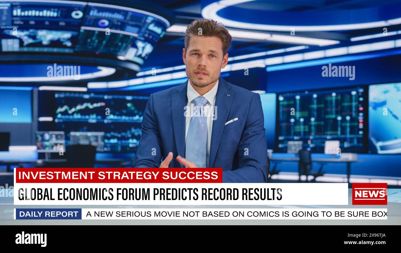 TV Live News Program: Charismatic White Male Presenter Reporting ...