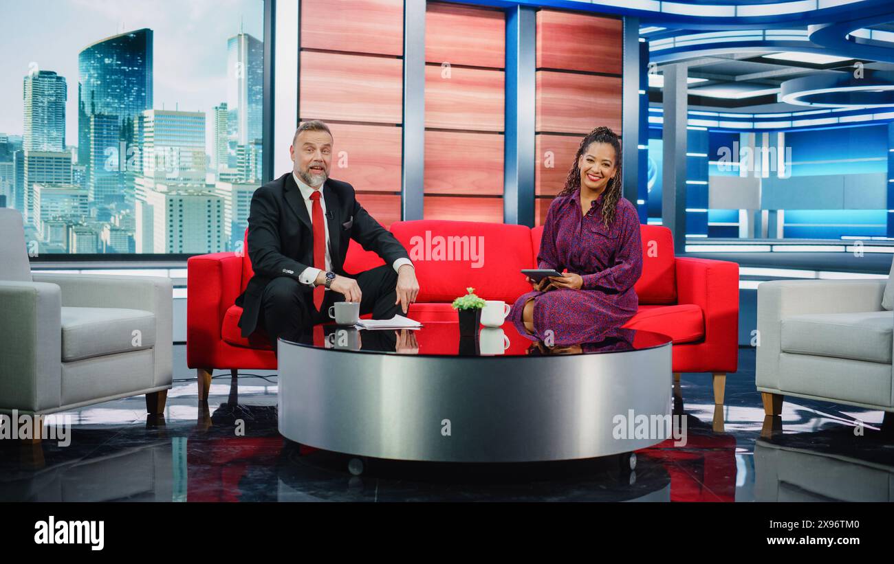 Talk Show TV Program and News Discussion: Two Charismatic Presenters ...