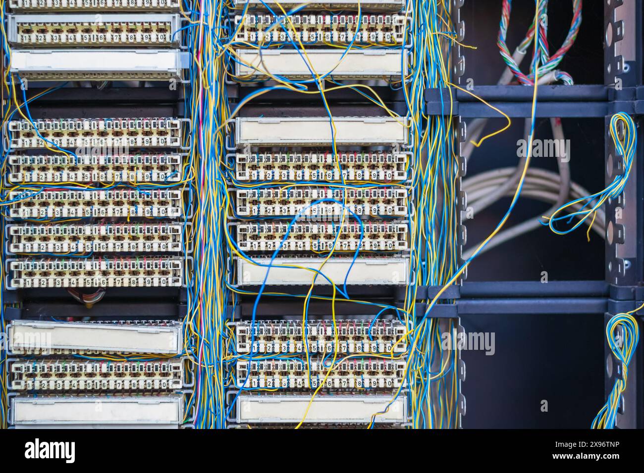 Landline telephone wires in a junction box on London street, England ...