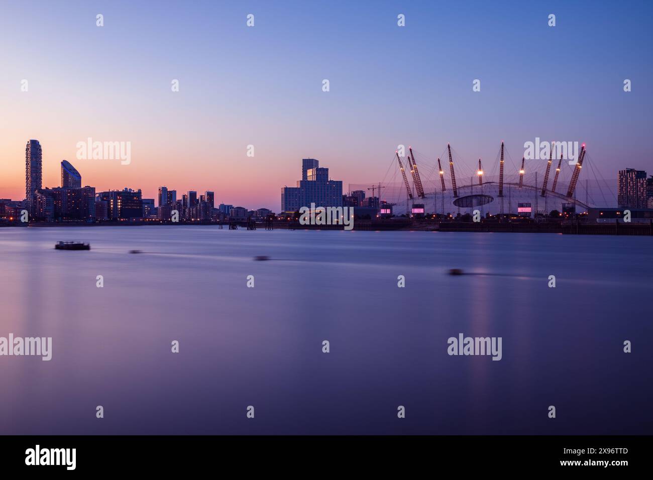 Long exposure, London cityscape with the O2 arena during sunset Stock ...