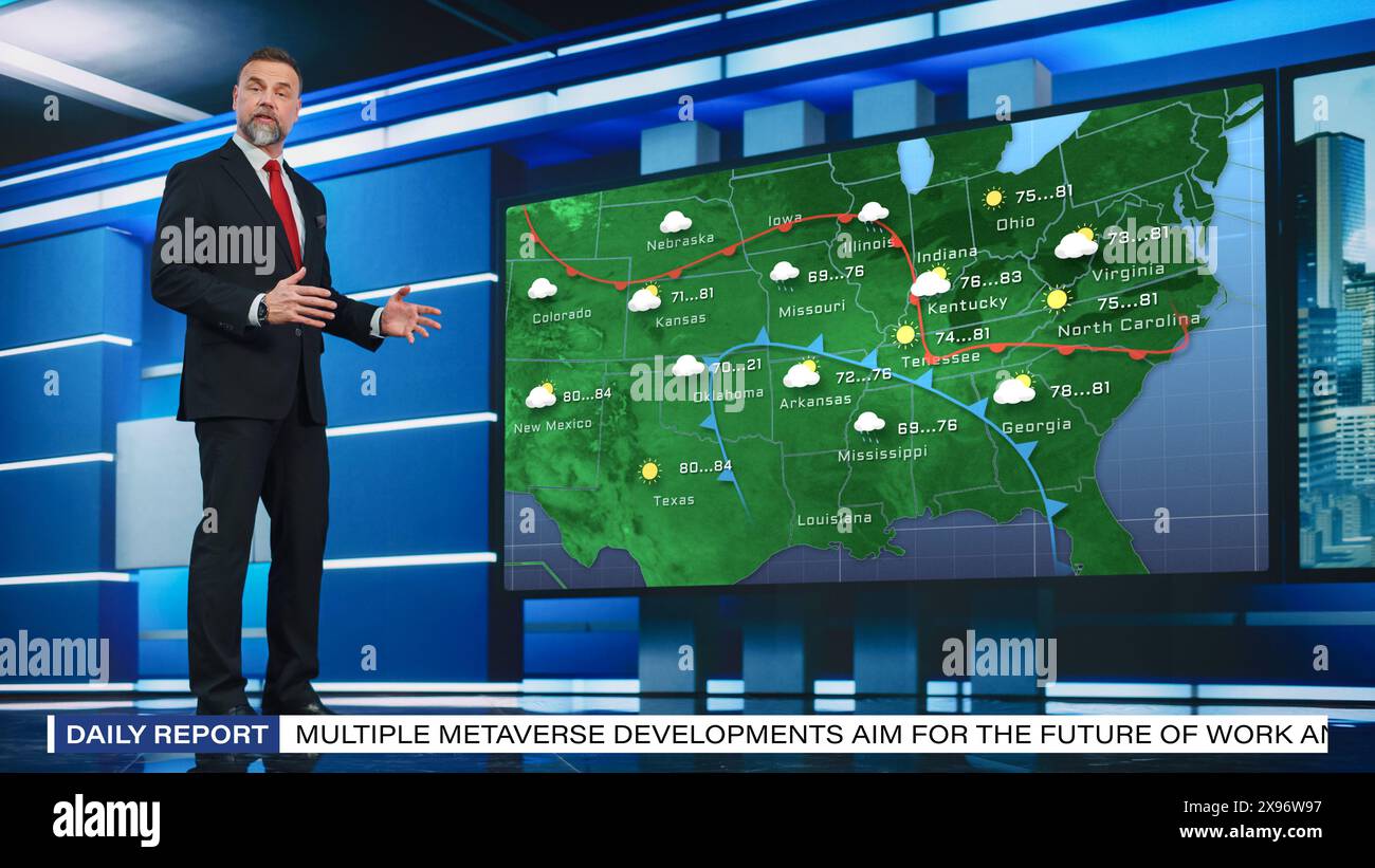 TV Weather Forecast Program: Professional Television Host Reviewing ...