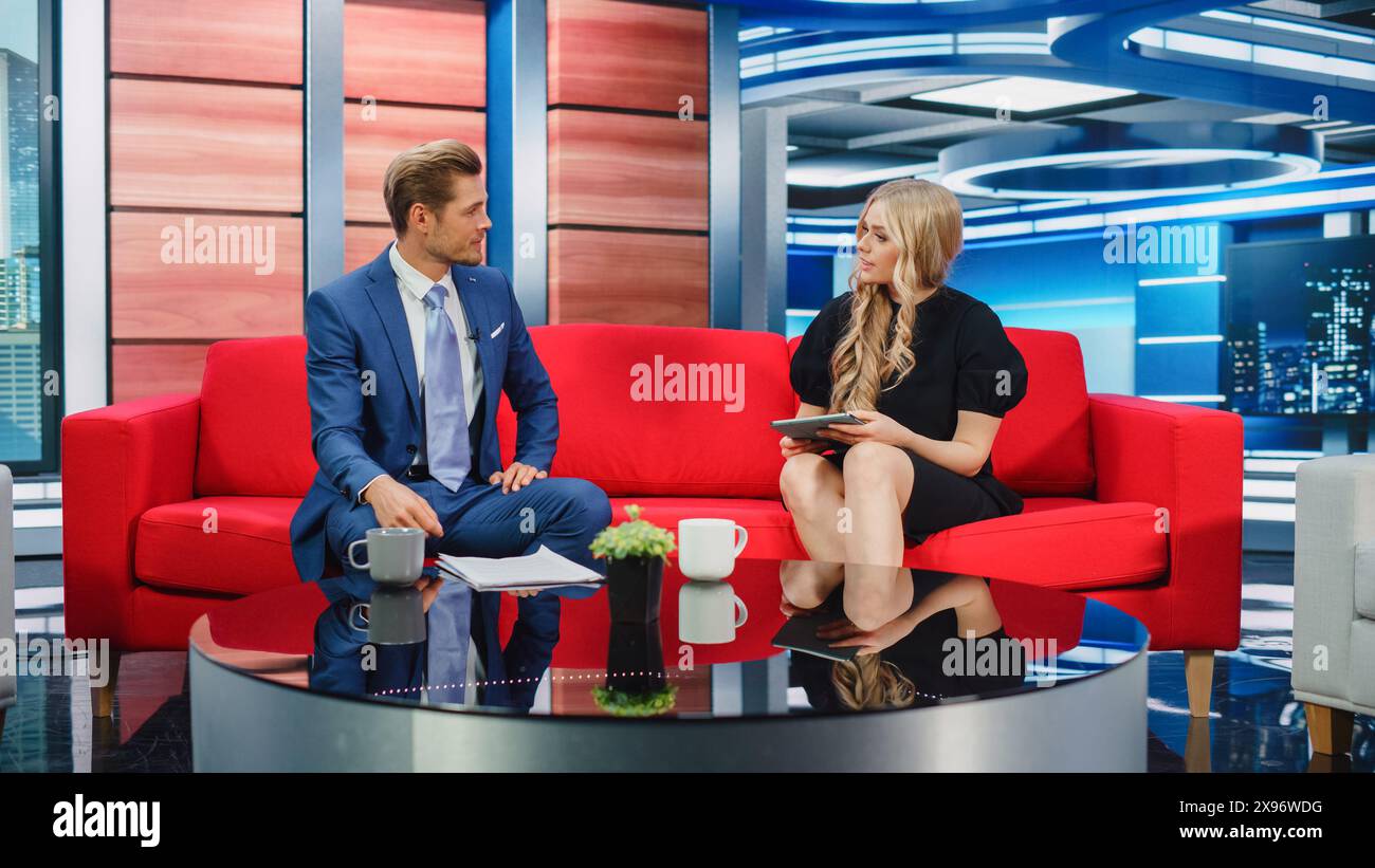 Talk Show TV Program: Two Charismatic Presenters Talk. Cable Channel ...