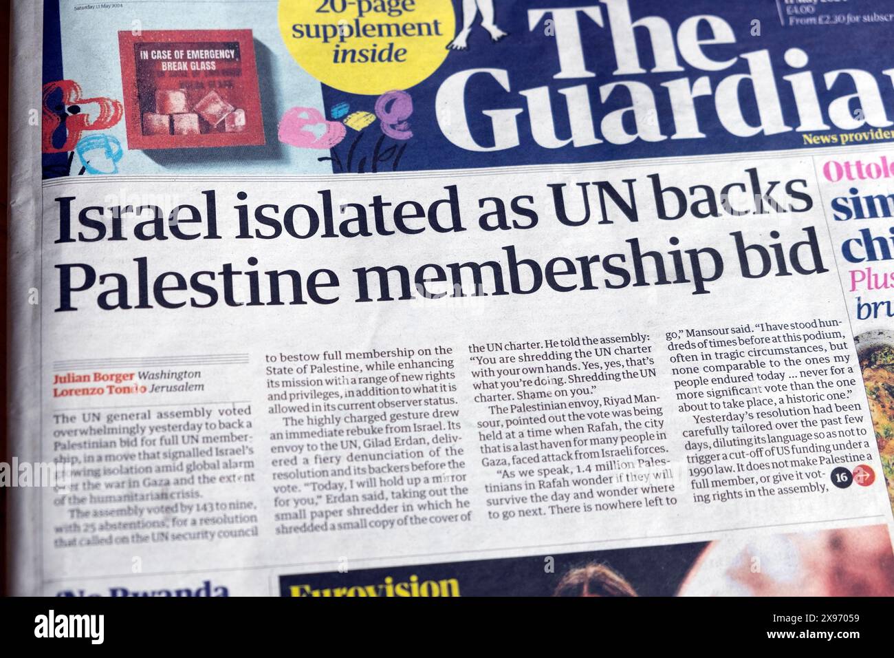 'Israel isolated as UN backs Palestine membership bid' Guardian ...