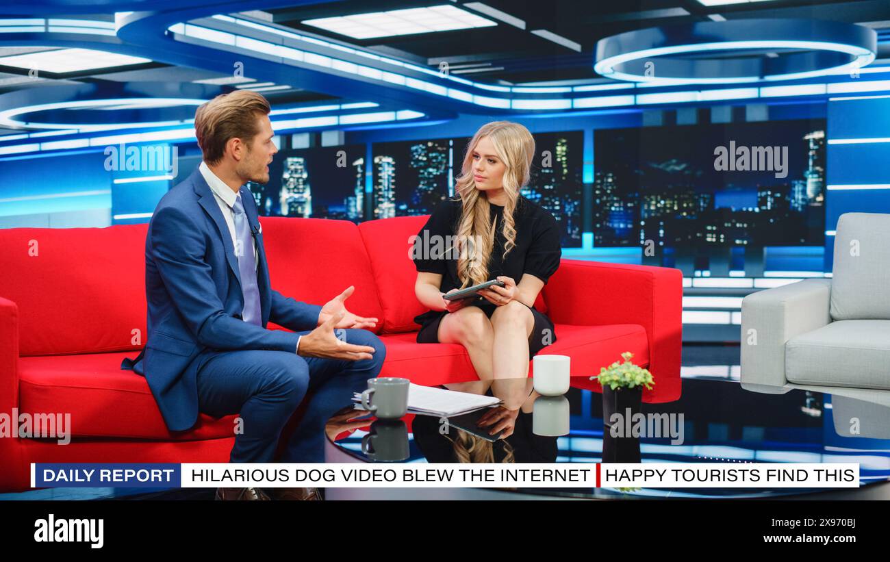 Talk Show TV Program: Two Charismatic Presenters Talk. Cable Channel ...