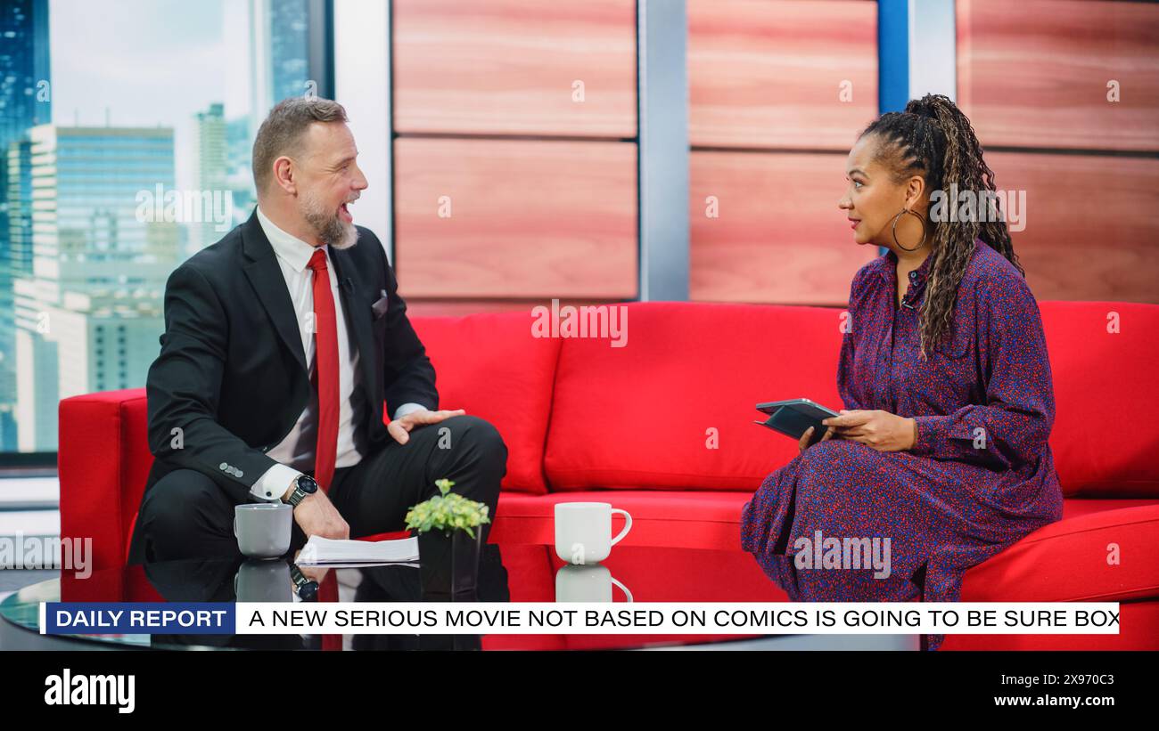 Talk Show TV Program and News Discussion: Two Cheerful Presenters Talk ...