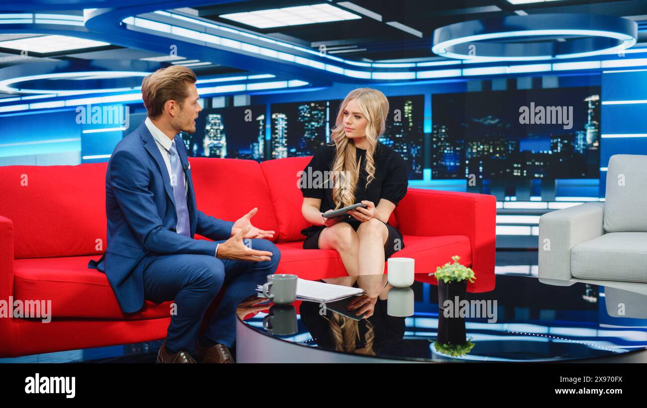 Talk Show TV Program: Two Charismatic Presenters Talk. Cable Channel ...