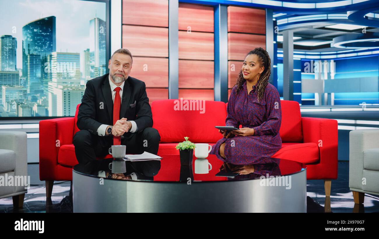 Talk Show TV Program and News Discussion: Two Charismatic Presenters ...