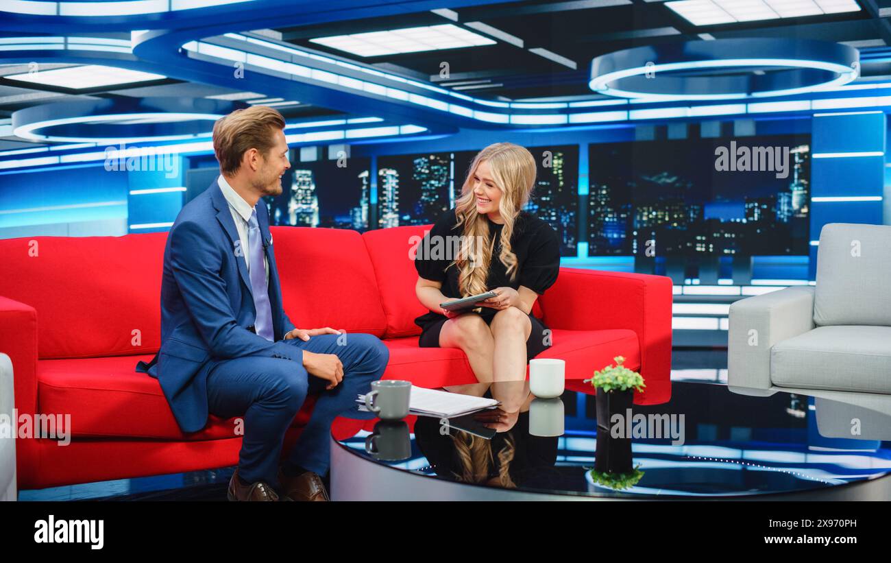 Talk Show TV Program: Two Charismatic Presenters Talk. Cable Channel ...