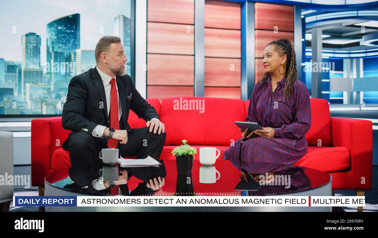 Talk Show TV Program and News Discussion: Two Charismatic Presenters ...