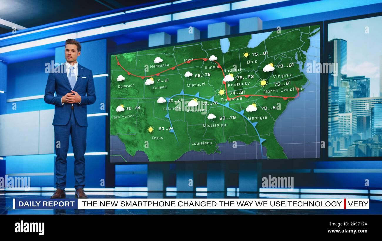 TV Weather Forecast Program: Professional Television Host Reviewing ...