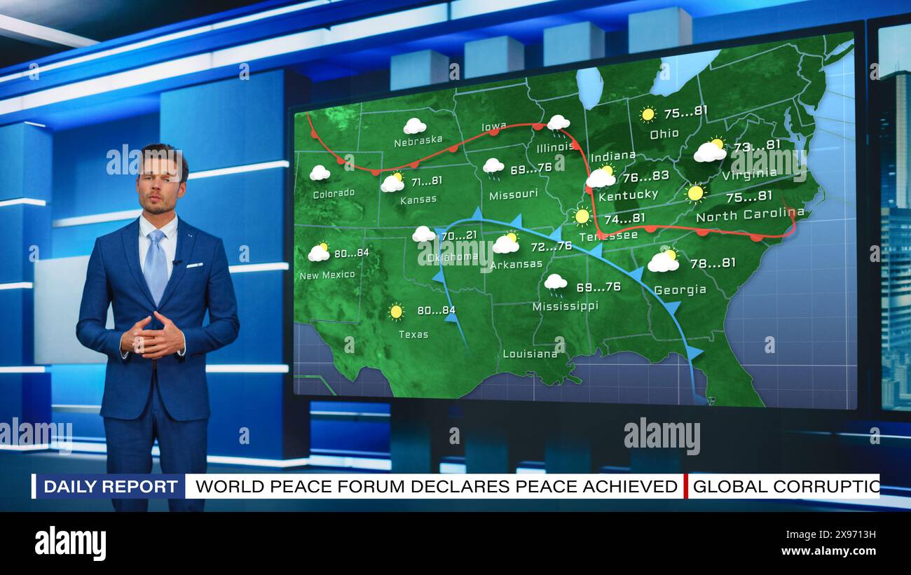 TV Weather Forecast Program: Professional Television Host Reviewing ...